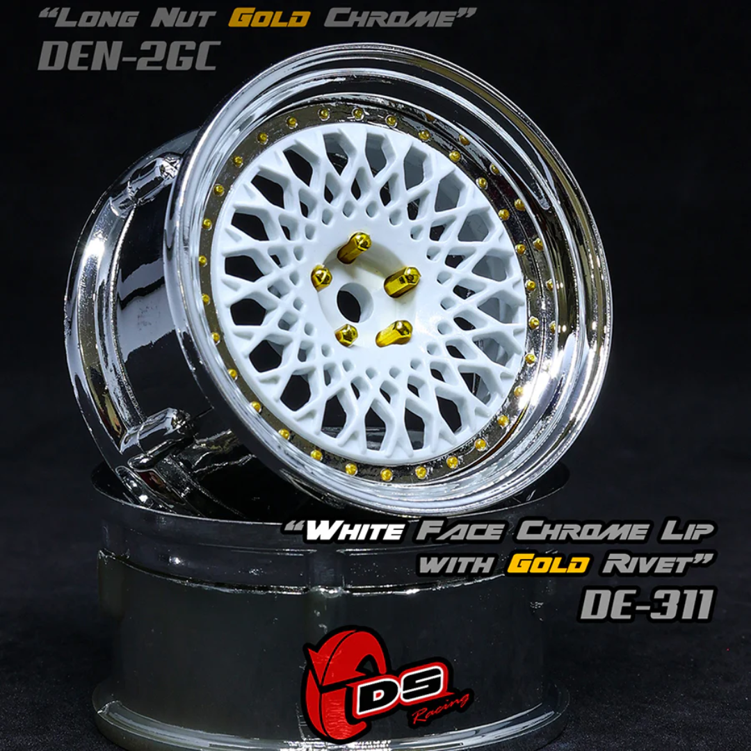 DS Racing DE Mesh 1/10 Drift Wheels (White/Chrome) w/ Gold Rivets 2pc ...